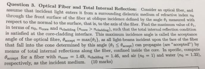 Solved Optical Fiber and Total Internal Reflection: Consider | Chegg.com