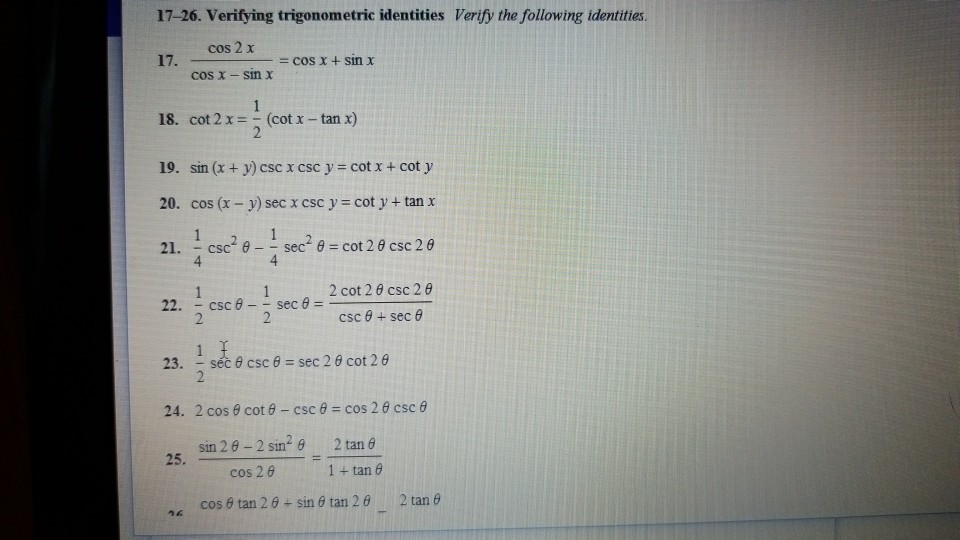 Solved 17-26. Verifying trigonometric identities Verify the | Chegg.com