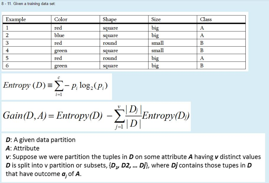 Solved 8 11. Given a training data set: Shape Size Class | Chegg.com