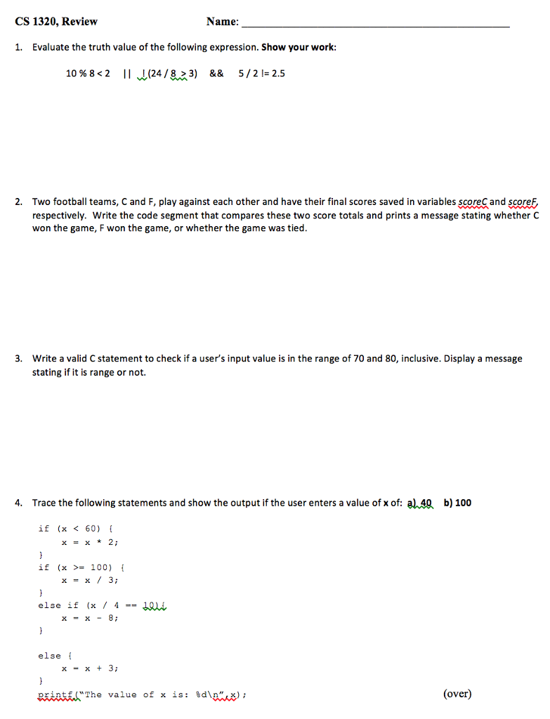 Solved CS 1320, Review Name: 1. Evaluate the truth value of | Chegg.com
