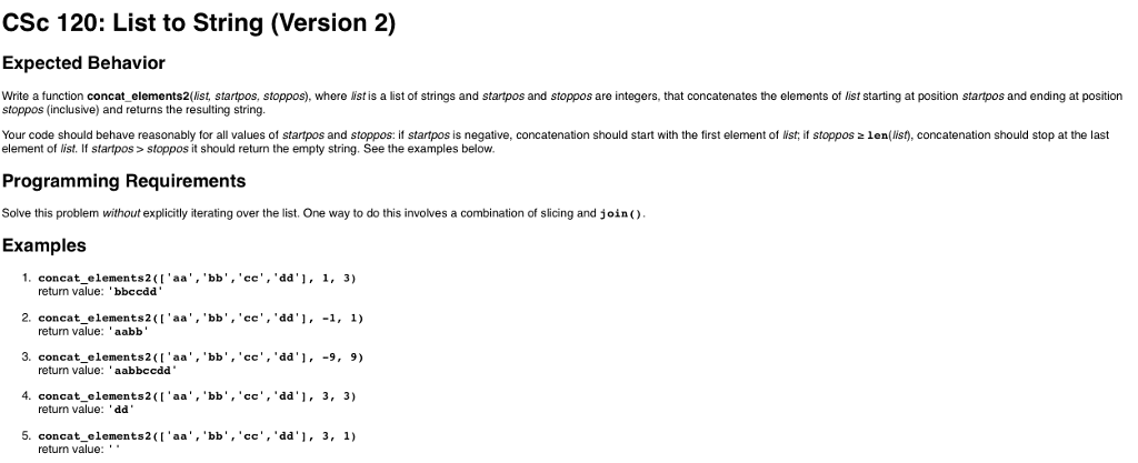Solved CSc 120: List to String (Version 2) Expected Behavior | Chegg.com