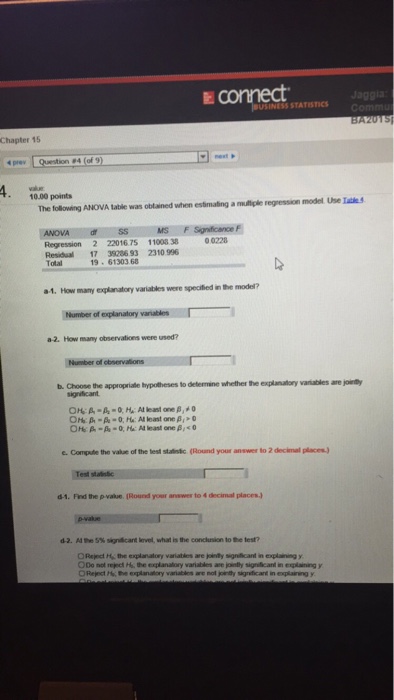 Solved The following ANOVA table was obtained when | Chegg.com