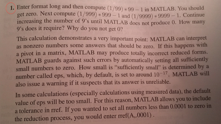 Enter format long and then compute (1/99) * 99 - 1 in | Chegg.com