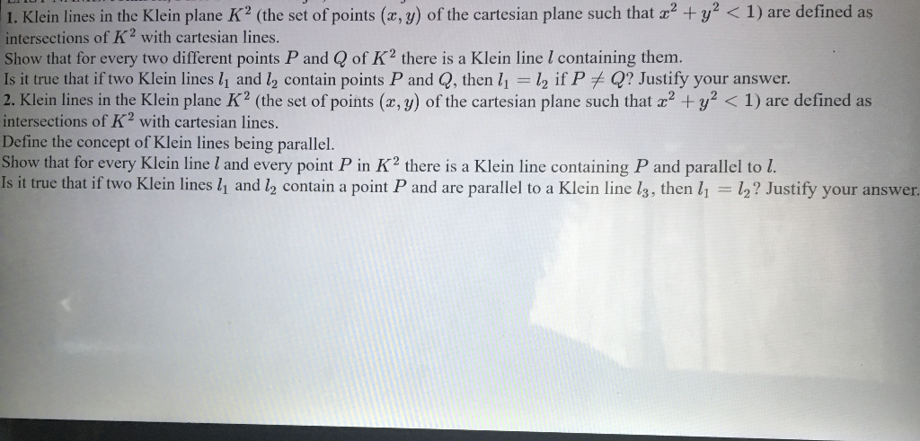 Solved Klein lines in the Klein plane K^2 (the set of points | Chegg.com