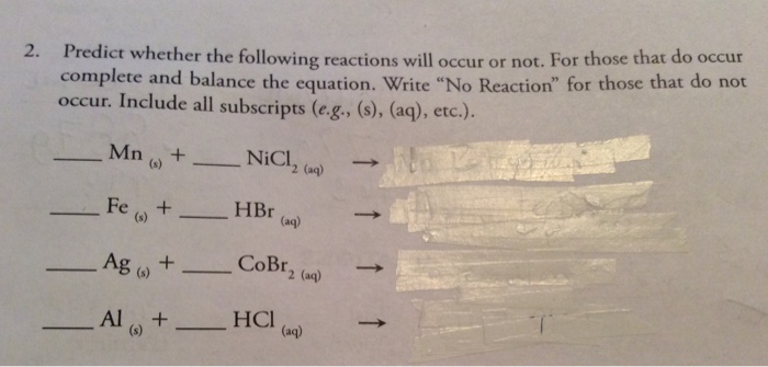 Solved 2. Predict whether the following reactions will occur | Chegg.com