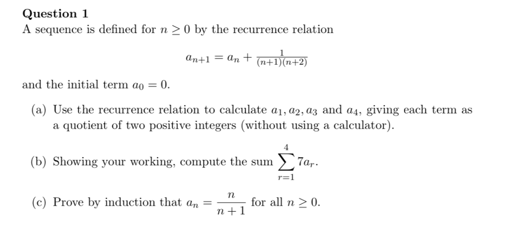 Solved Question 1 A sequence is defined for n 20 by the | Chegg.com