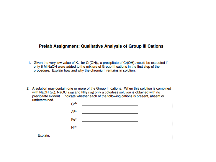 Solved Prelab Assignment: Qualitative Analysis of Group III | Chegg.com