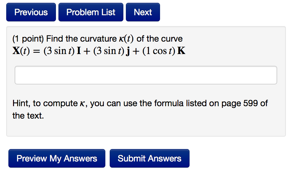 Solved vious Problem List Next (1 point) Find the curvature | Chegg.com