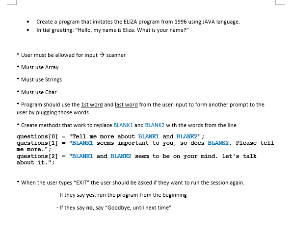 Solved . Create a program that imitates the ELIZA program | Chegg.com