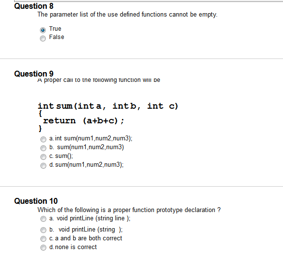 Solved Question 8 The parameter list of the use defined | Chegg.com