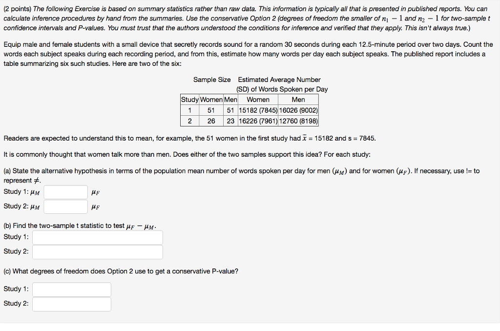 Solved The following Exercise is based on summary statistics | Chegg.com