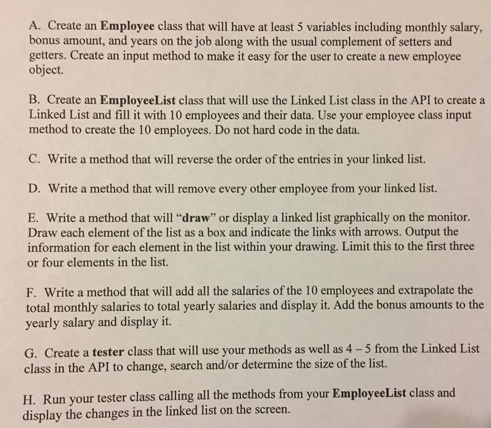 Solved Create an Employee class that will have at least 5 | Chegg.com