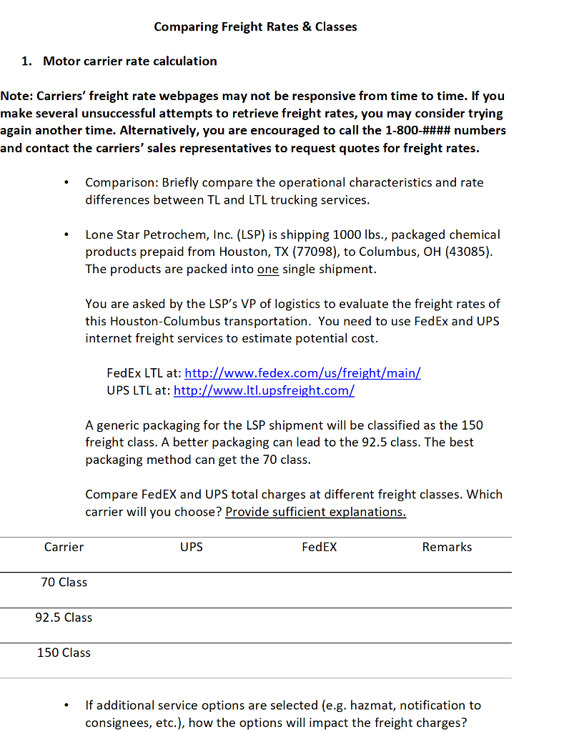 Comparing Freight Rates & Classes 1. Motor carrier | Chegg.com