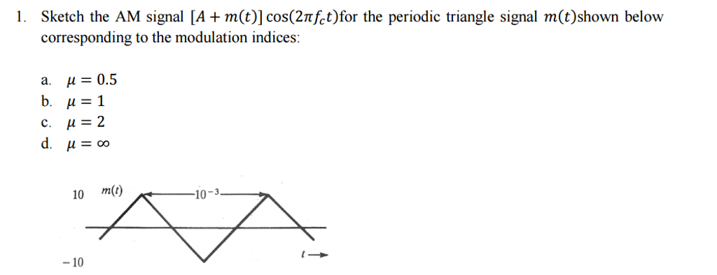 Solved Sketch the AM signal [A + m(t)] cos(2pi f_c t)for the | Chegg.com
