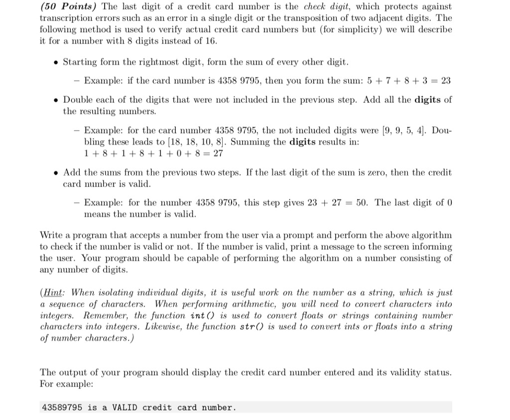 Solved (50 Points) The last digit of a credit card number is | Chegg.com