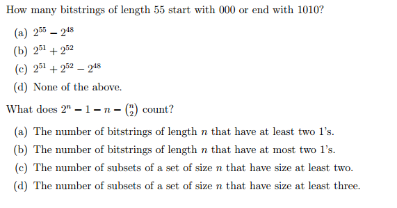 Solved How many bitstrings of length 55 start with 000 or | Chegg.com