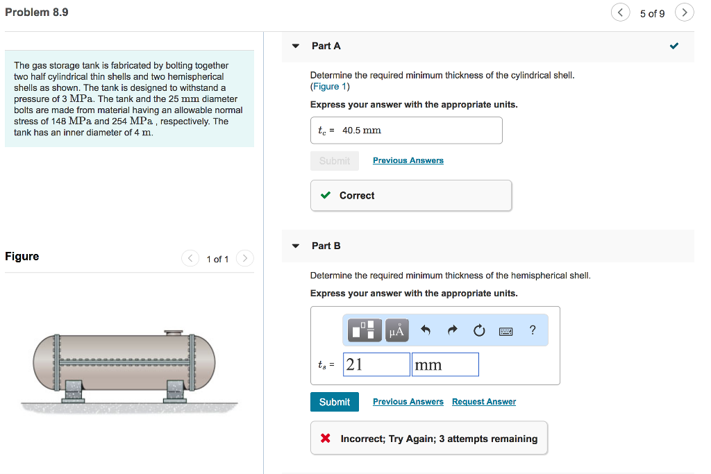 Solved Problem 8.9 Part A The gas storage tank is fabricated | Chegg.com