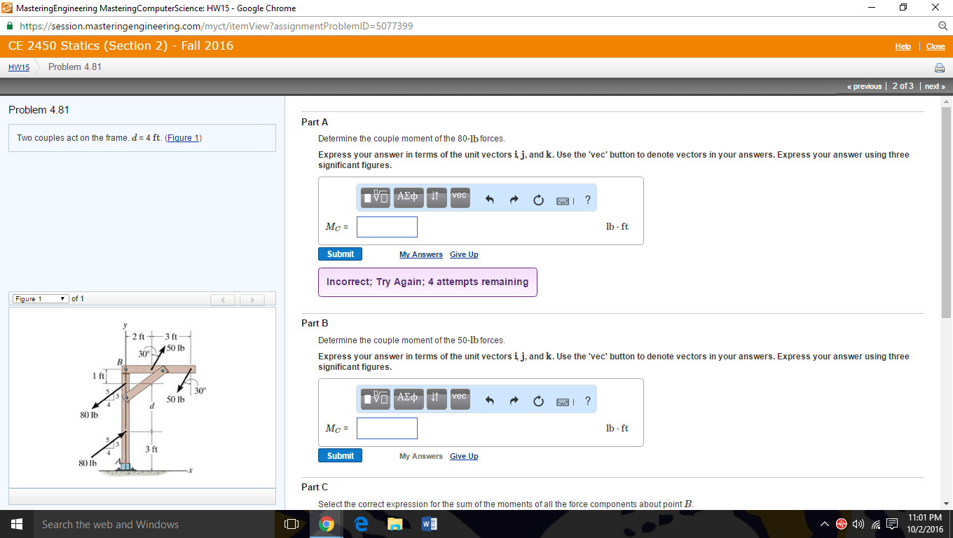 Solved Two couples act on the frame. d = 4 ft. (Figure 1) | Chegg.com