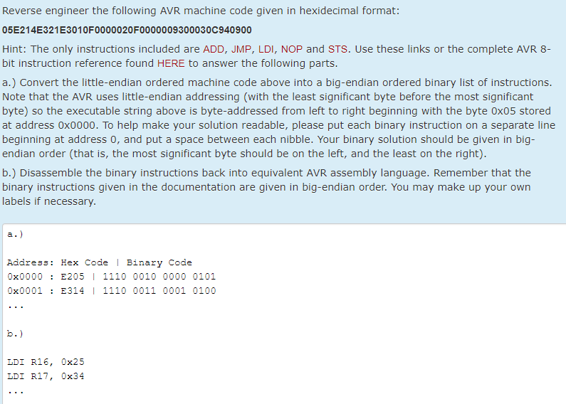 Reverse engineer the following AVR machine code given | Chegg.com