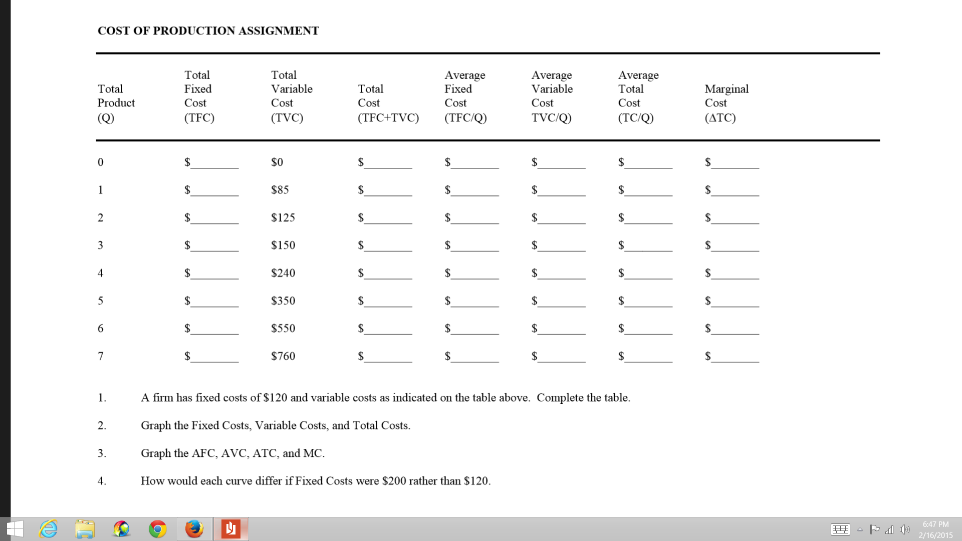 Solved COST OF PRODUCTION ASSIGNMENT Total Total Average | Chegg.com