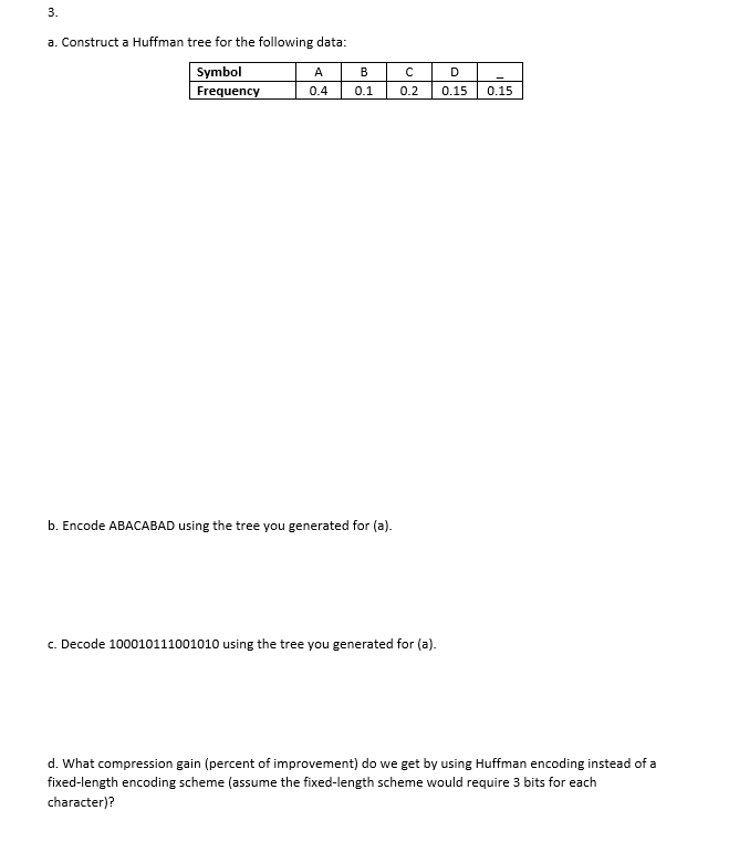Solved A Construct A Huffman Tree For The Following Data 