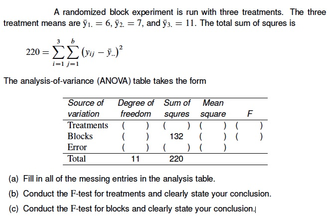 Solved A randomized block experiment is run with three | Chegg.com