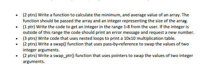 Solved .(2 ptrs) Write a function to calculate the minimum, | Chegg.com