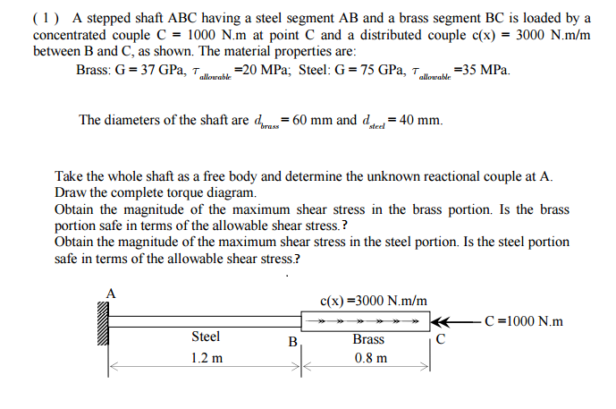 Solved (1) A stepped shaft ABC having a steel segment AB and | Chegg.com
