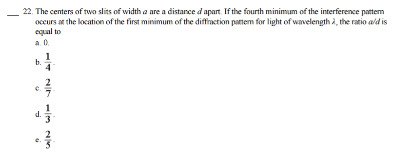 Solved The centers of two slits of width alpha are a | Chegg.com