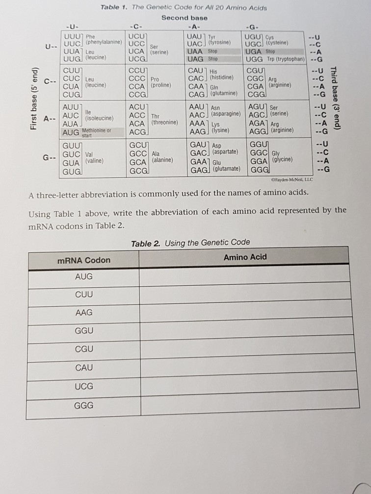 Solved Table 1. The Genetic Code for All 20 Amino Acids | Chegg.com