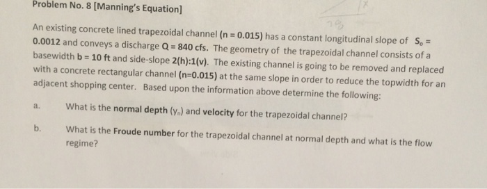 Solved Problem No. 8 [Manning's Equation] An existing | Chegg.com