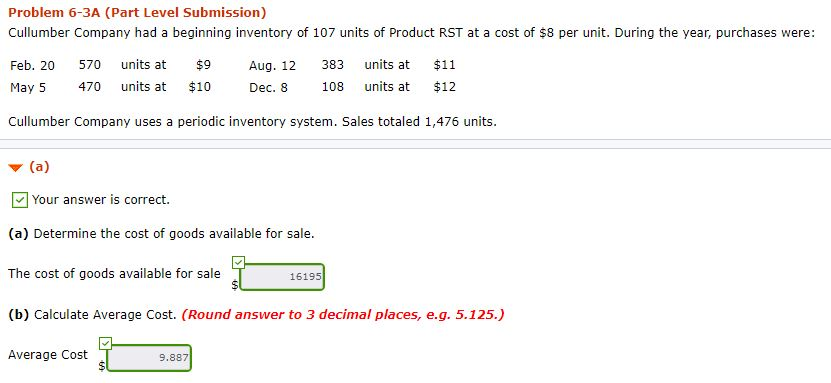 Solved Problem 6-3A (Part Level Submission) Cullumber | Chegg.com