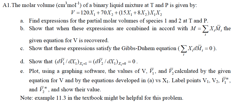 The molar volume (cm3 mol-1) of a binary liquid | Chegg.com