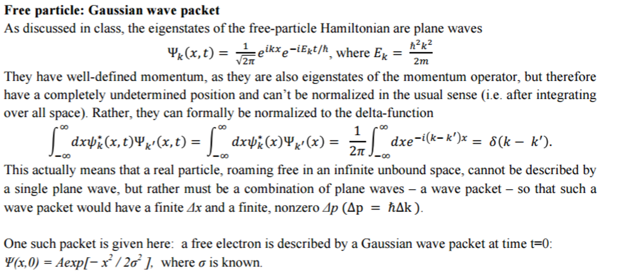 Free particle: Gaussian wave packet As discussed in | Chegg.com