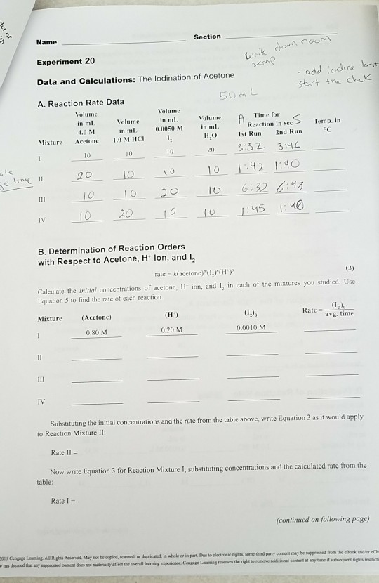 Solved Name Section Experiment 20 Data and Calculations: The | Chegg.com