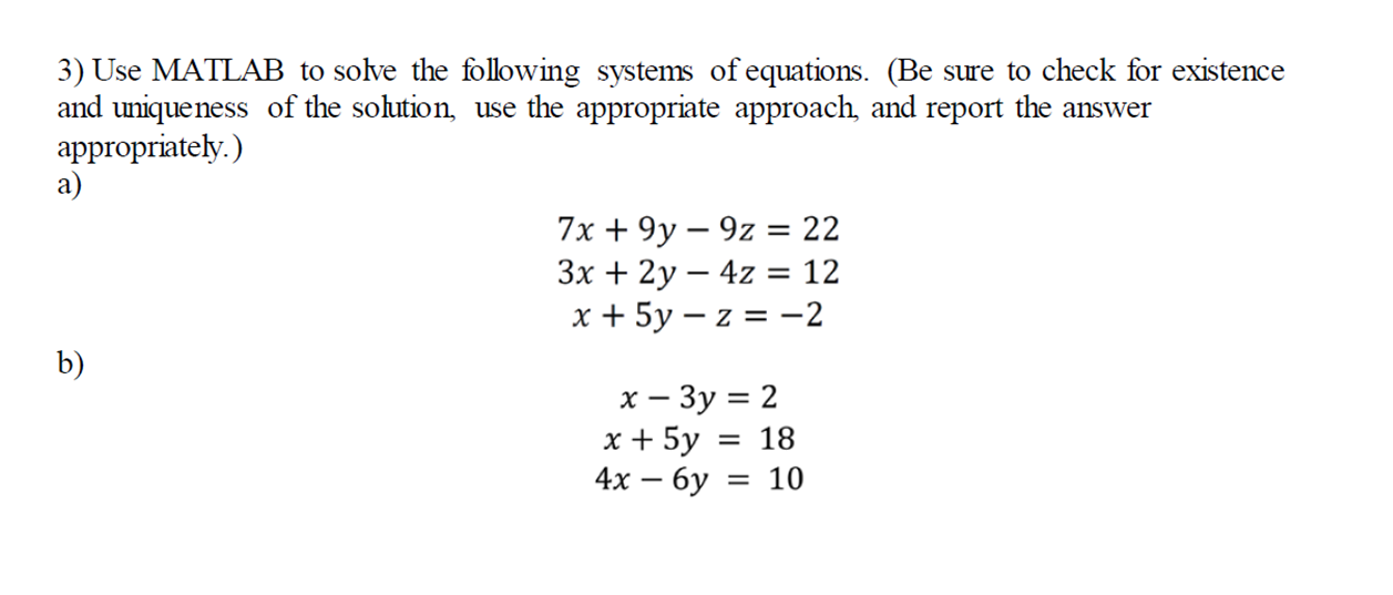 Use MATLAB to solve the following systems of | Chegg.com