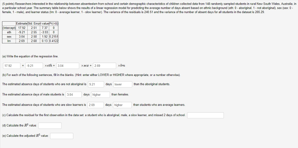 Solved Calculate the residual, R squared and adjusted R | Chegg.com