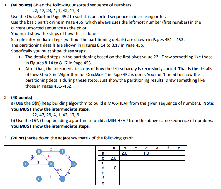 Solved 1. (40 points) Given the following unsorted sequence | Chegg.com