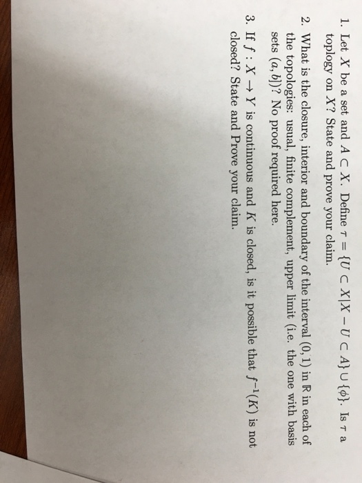 Solved Let X be a set and A proper subset X. Define tau = {U | Chegg.com