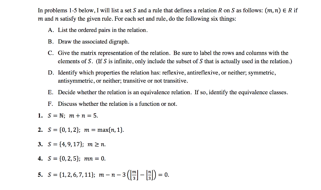 Solved In problems 1-5 below, I will list a set S and a rule | Chegg.com