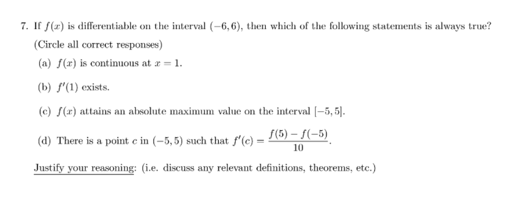 Solved 7. If f (x) s differentiable on the interval (-6,6), | Chegg.com