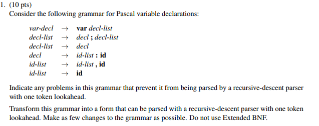 Solved 1. (10 pts) Consider the following grammar for Pascal | Chegg.com