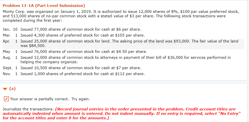 Solved Problem 11-1A (Part Level Submission) Monty Corp. was | Chegg.com