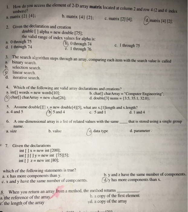 Solved How do you access the element of 2-D array matrix | Chegg.com