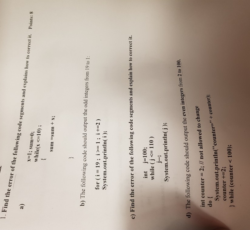 Solved 1. Find the error of th e following code segments and | Chegg.com