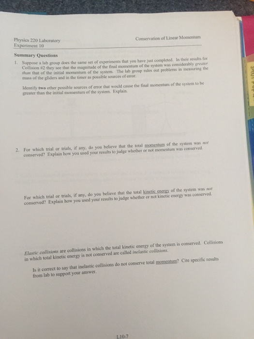 Solved Physics 220 Laboratory Experiment 10 Summary | Chegg.com