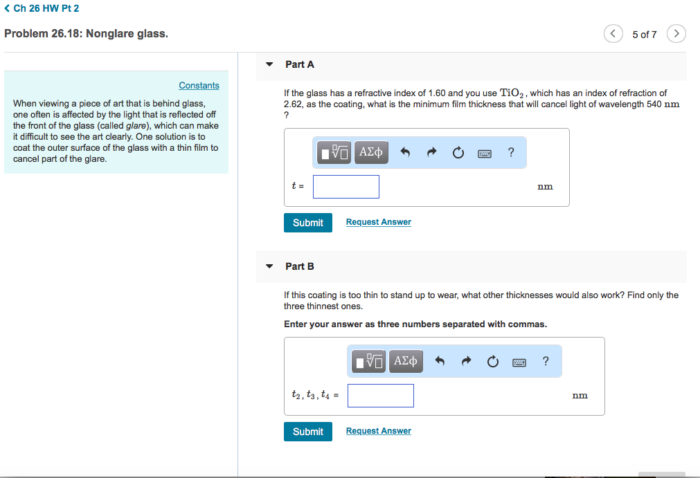 Solved Part A Constants If the glass has a refractive index | Chegg.com