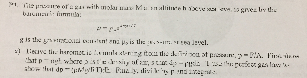 Solved The pressure of a gas with molar mass M at an | Chegg.com