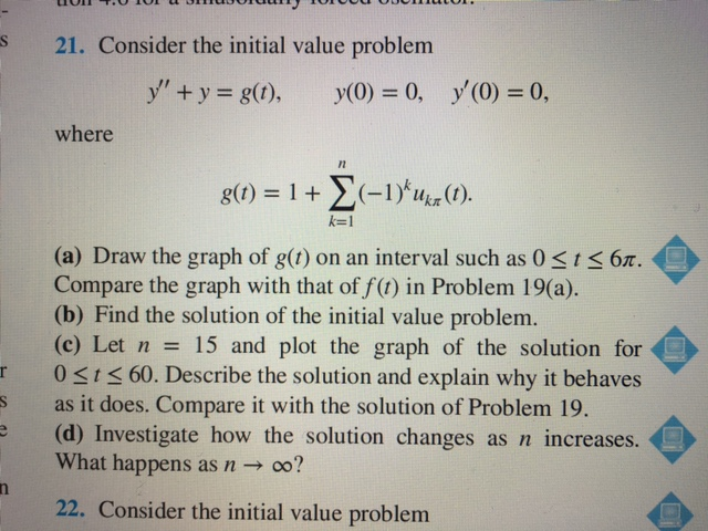 Solved Consider the initial value problem y" + y = g(t) | Chegg.com