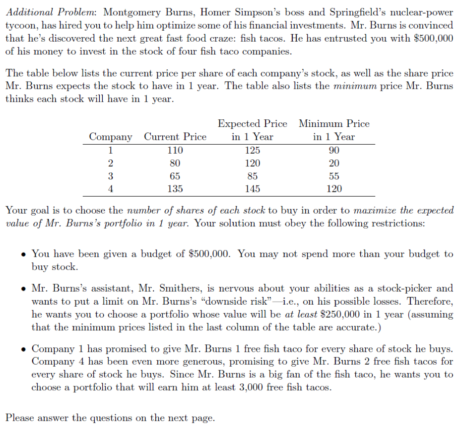Solved Additional Problem: Montgomery Burns, Homer Simpson's | Chegg.com